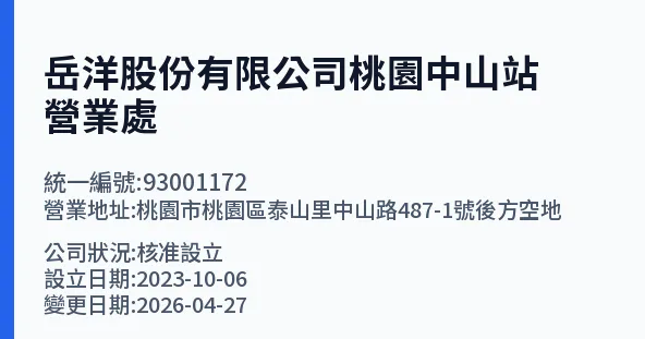 岳洋股份有限公司桃園中山站營業處的照片-統編 93001172(桃園市) 公司登記資料與營業項目詳細圖表