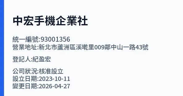 中宏手機企業社的照片-統編 93001356(新北市) 公司登記資料與營業項目詳細圖表
