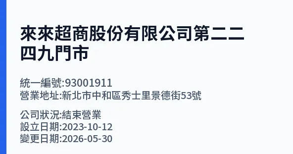 來來超商股份有限公司第二二四九門市的照片-統編 93001911(新北市) 公司登記資料與營業項目詳細圖表