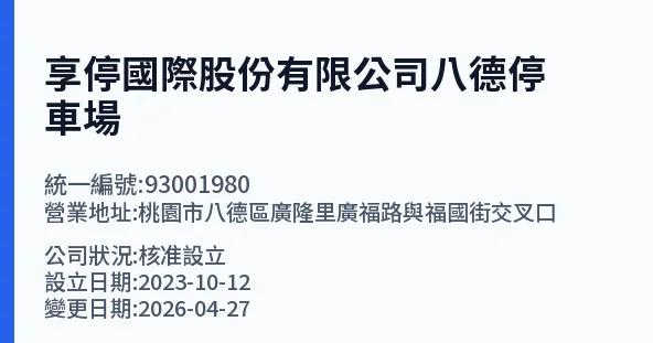 享停國際股份有限公司八德停車場的照片-統編 93001980(桃園市) 公司登記資料與營業項目詳細圖表