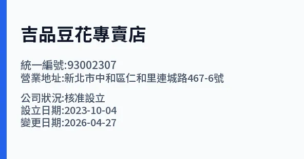 吉品豆花專賣店的照片-統編 93002307(新北市) 公司登記資料與營業項目詳細圖表