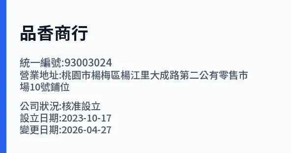 品香商行的照片-統編 93003024(桃園市) 公司登記資料與營業項目詳細圖表