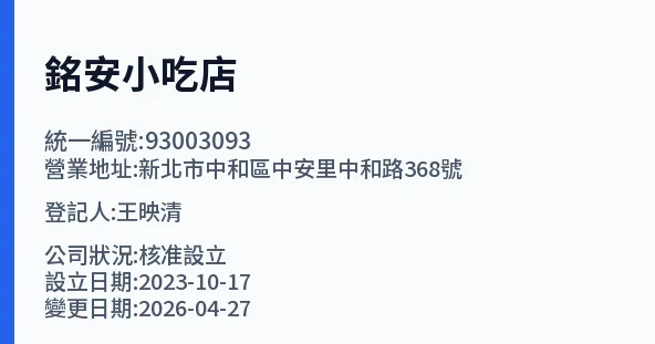 銘安小吃店的照片-統編 93003093(新北市) 公司登記資料與營業項目詳細圖表