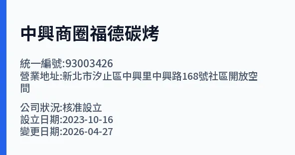 中興商圈福德碳烤的照片-統編 93003426(新北市) 公司登記資料與營業項目詳細圖表