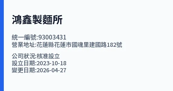 鴻鑫製麵所的照片-統編 93003431(花蓮縣) 公司登記資料與營業項目詳細圖表