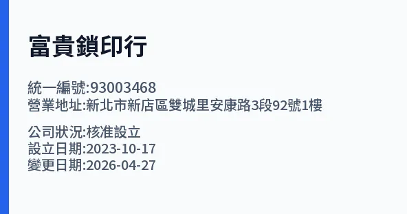 富貴鎖印行的照片-統編 93003468(新北市) 公司登記資料與營業項目詳細圖表