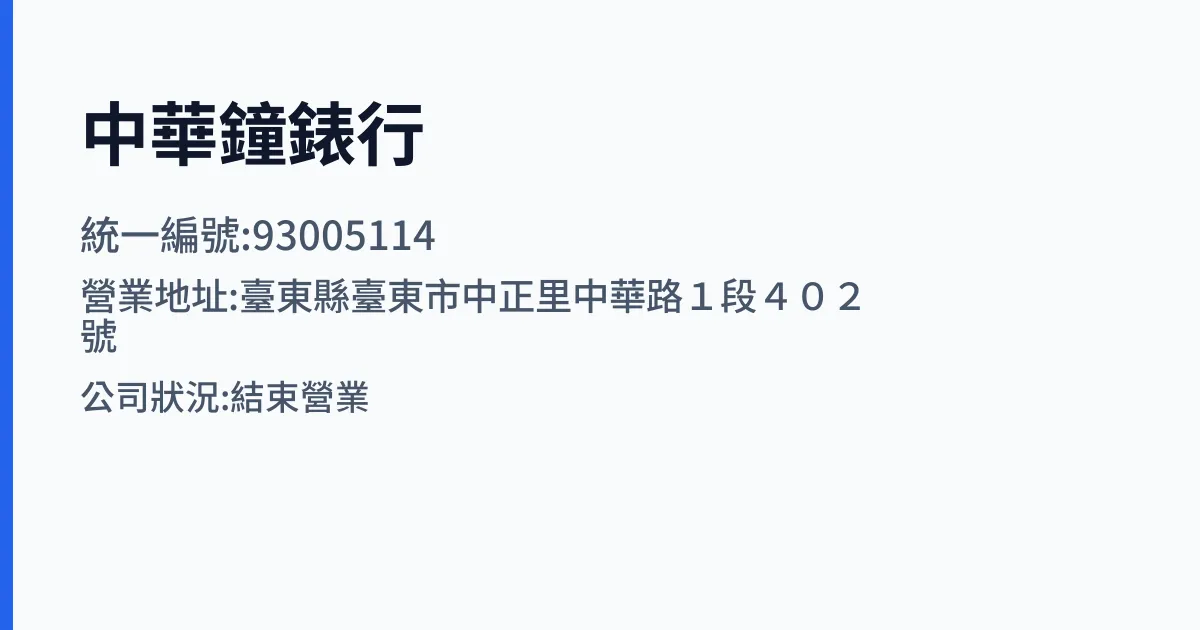 中華鐘錶行 - 統編 93005114(臺東縣) 公司登記資料與營業項目詳細圖表