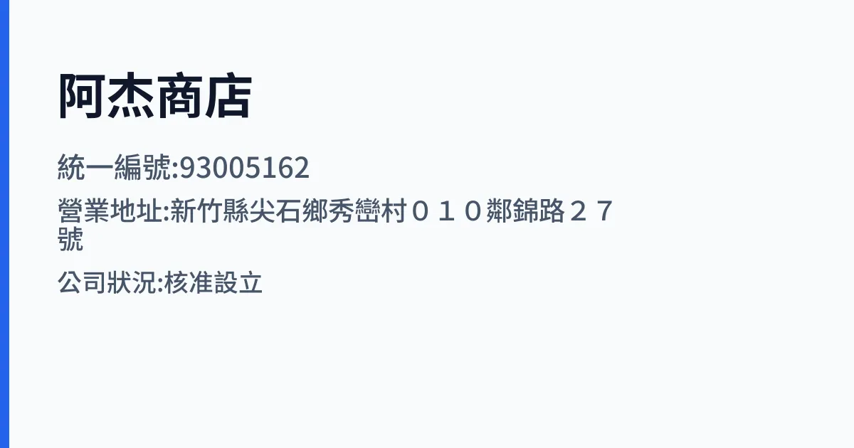 阿杰商店 - 統編 93005162(新竹縣) 公司登記資料與營業項目詳細圖表