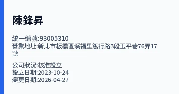 陳鋒昇的照片-統編 93005310(新北市) 公司登記資料與營業項目詳細圖表