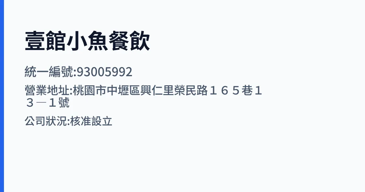 壹館小魚餐飲 - 統編 93005992(桃園市) 公司登記資料與營業項目詳細圖表