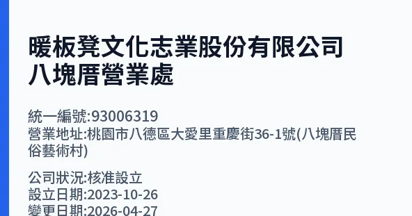 暖板凳文化志業股份有限公司八塊厝營業處的照片-統編 93006319(桃園市) 公司登記資料與營業項目詳細圖表
