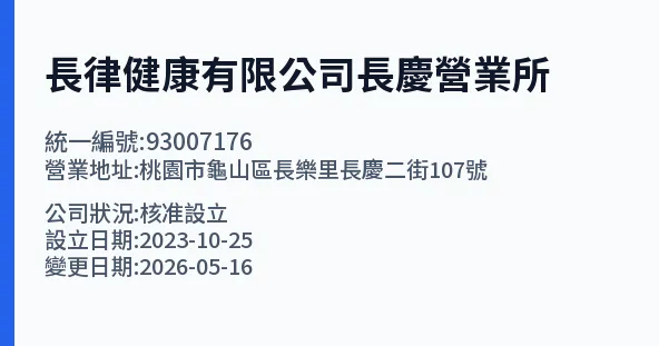 長律健康有限公司長慶營業所的照片-統編 93007176(桃園市) 公司登記資料與營業項目詳細圖表