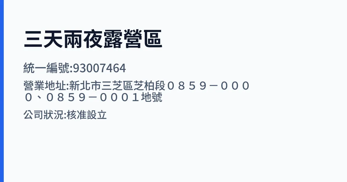 三天兩夜露營區 - 統編 93007464 (新北市) 公司登記資料與營業項目詳細圖表