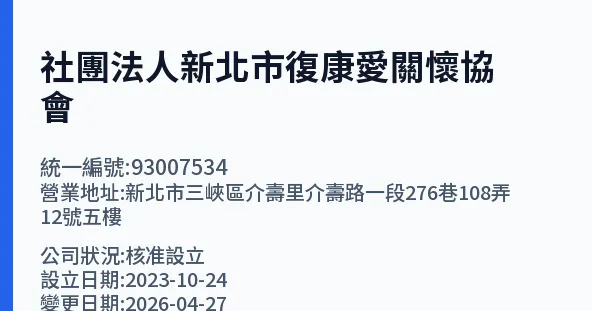 社團法人新北市復康愛關懷協會的照片-統編 93007534(新北市) 公司登記資料與營業項目詳細圖表