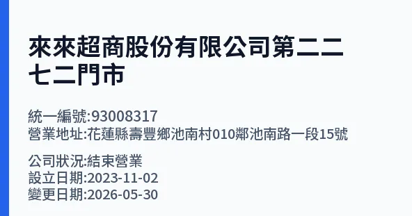 來來超商股份有限公司第二二七二門市的照片-統編 93008317(花蓮縣) 公司登記資料與營業項目詳細圖表