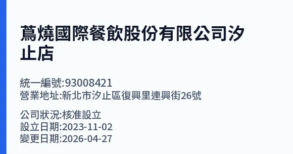 蔦燒國際餐飲股份有限公司汐止店的照片-統編 93008421(新北市) 公司登記資料與營業項目詳細圖表