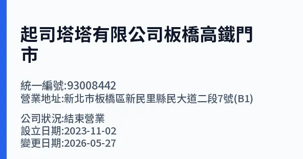 起司塔塔有限公司板橋高鐵門市的照片-統編 93008442(新北市) 公司登記資料與營業項目詳細圖表