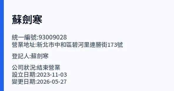 蘇劍寒的照片-統編 93009028(新北市) 公司登記資料與營業項目詳細圖表