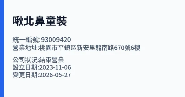 啾北鼻童裝的照片-統編 93009420(桃園市) 公司登記資料與營業項目詳細圖表