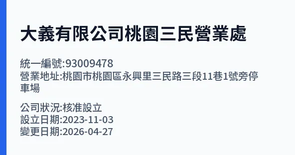 大義有限公司桃園三民營業處的照片-統編 93009478(桃園市) 公司登記資料與營業項目詳細圖表