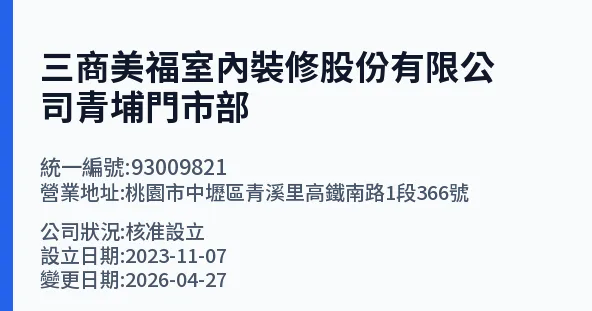 三商美福室內裝修股份有限公司青埔門市部的照片-統編 93009821(桃園市) 公司登記資料與營業項目詳細圖表