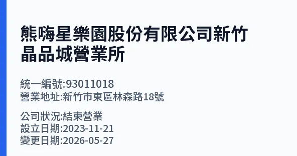 熊嗨星樂園股份有限公司新竹晶品城營業所的照片-統編 93011018(新竹市) 公司登記資料與營業項目詳細圖表