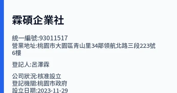 霖碩企業社的照片-統編 93011517(桃園市) 公司登記資料與營業項目詳細圖表