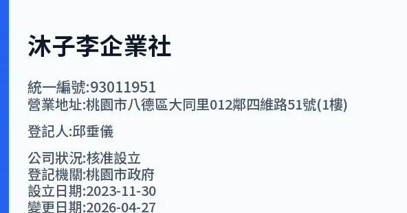 沐子李企業社的照片-統編 93011951(桃園市) 公司登記資料與營業項目詳細圖表