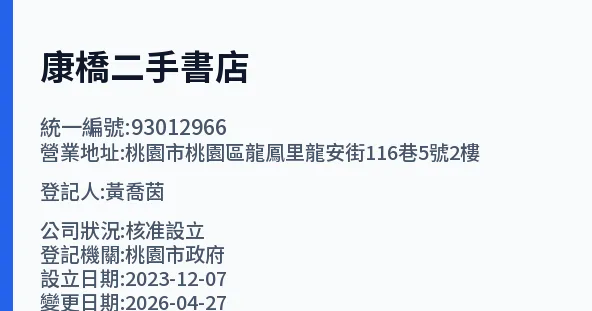 康橋二手書店的照片-統編 93012966(桃園市) 公司登記資料與營業項目詳細圖表