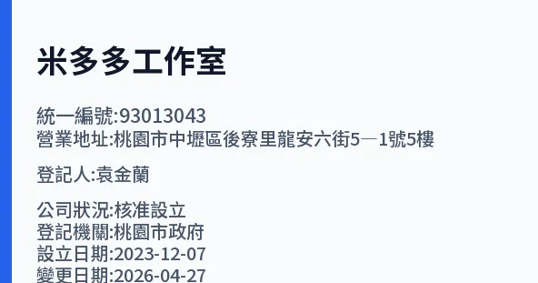 米多多工作室的照片-統編 93013043(桃園市) 公司登記資料與營業項目詳細圖表