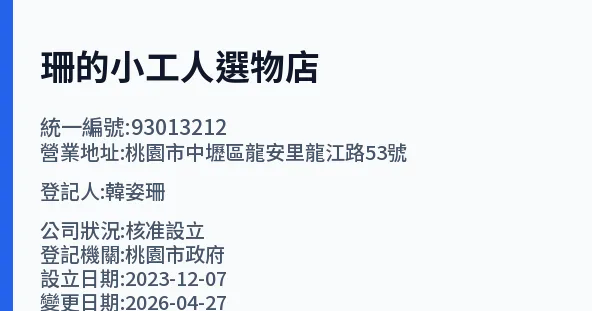 珊的小工人選物店的照片-統編 93013212(桃園市) 公司登記資料與營業項目詳細圖表