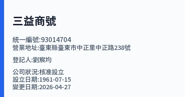 三益商號的照片-統編 93014704(臺東縣) 公司登記資料與營業項目詳細圖表