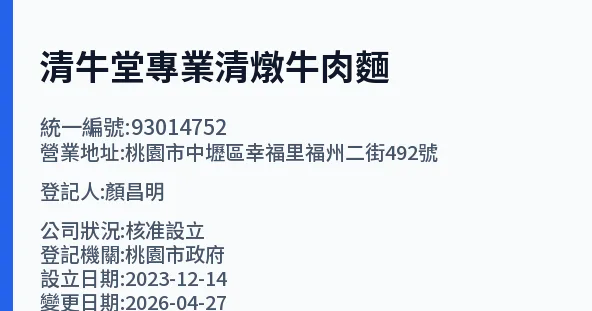 清牛堂專業清燉牛肉麵的照片-統編 93014752(桃園市) 公司登記資料與營業項目詳細圖表