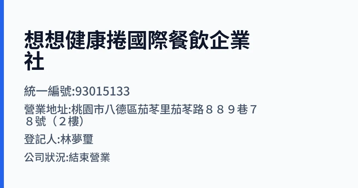 想想健康捲國際餐飲企業社 - 統編 93015133(桃園市) 公司登記資料與營業項目詳細圖表
