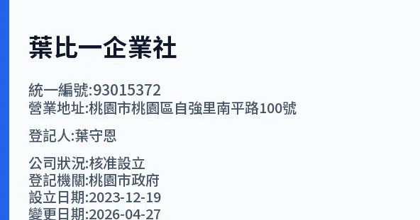 葉比一企業社的照片-統編 93015372(桃園市) 公司登記資料與營業項目詳細圖表