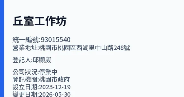 丘室工作坊的照片-統編 93015540(桃園市) 公司登記資料與營業項目詳細圖表