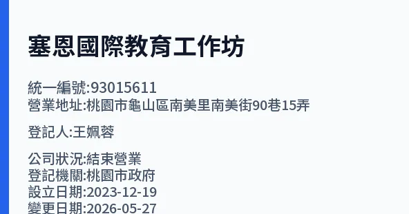 塞恩國際教育工作坊的照片-統編 93015611(桃園市) 公司登記資料與營業項目詳細圖表