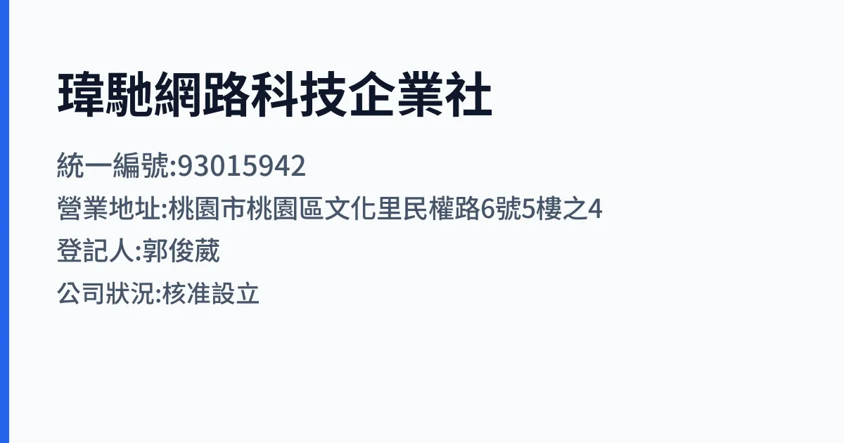 瑋馳網路科技企業社 - 統編 93015942(桃園市) 公司登記資料與營業項目詳細圖表