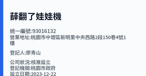 薛翻了娃娃機的照片-統編 93016132(桃園市) 公司登記資料與營業項目詳細圖表