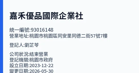嘉禾優品國際企業社的照片-統編 93016148(桃園市) 公司登記資料與營業項目詳細圖表