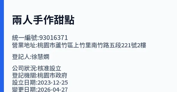 兩人手作甜點的照片-統編 93016371(桃園市) 公司登記資料與營業項目詳細圖表