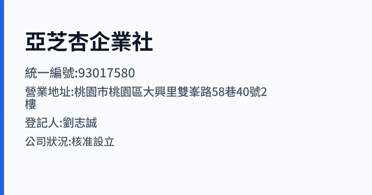 亞芝杏企業社 - 統編 93017580(桃園市) 公司登記資料與營業項目詳細圖表