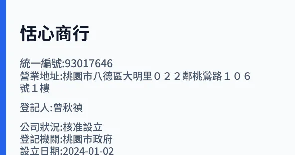 恬心商行的照片-統編 93017646(桃園市) 公司登記資料與營業項目詳細圖表