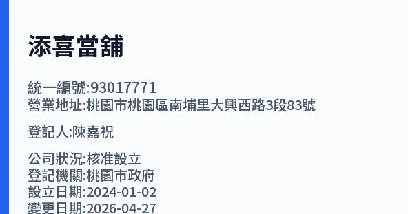 添喜當舖的照片-統編 93017771(桃園市) 公司登記資料與營業項目詳細圖表