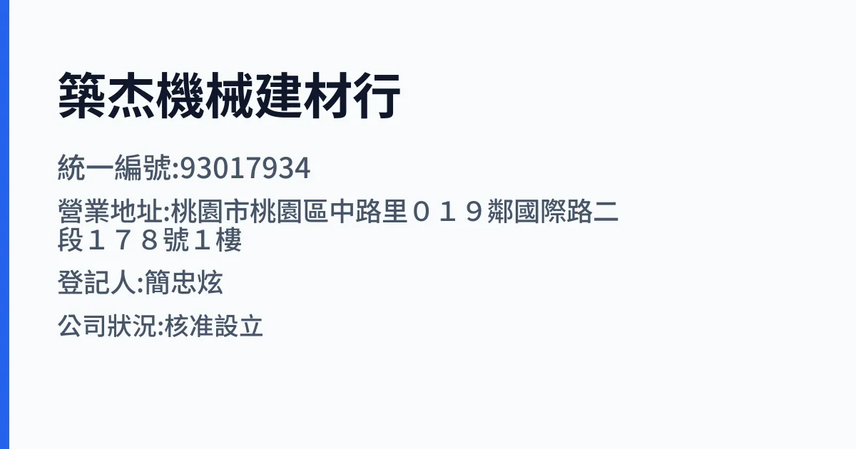 築杰機械建材行 - 統編 93017934(桃園市) 公司登記資料與營業項目詳細圖表