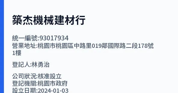 築杰機械建材行的照片-統編 93017934(桃園市) 公司登記資料與營業項目詳細圖表