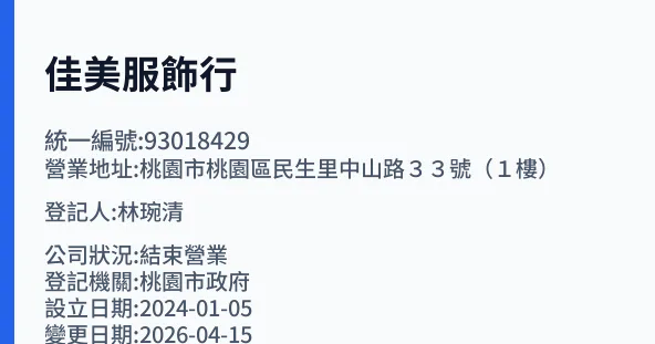 佳美服飾行的照片-統編 93018429(桃園市) 公司登記資料與營業項目詳細圖表
