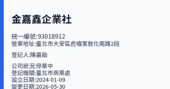 金嘉鑫企業社的照片-統編 93018912(臺北市) 公司登記資料與營業項目詳細圖表