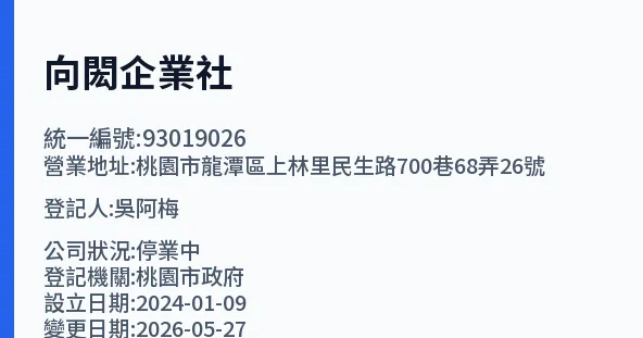 向閎企業社的照片-統編 93019026(桃園市) 公司登記資料與營業項目詳細圖表