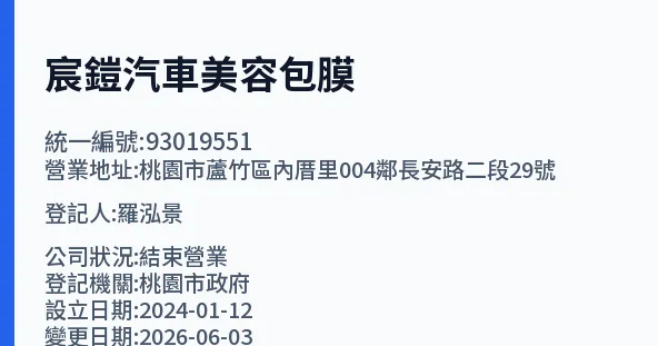 宸鎧汽車美容包膜的照片-統編 93019551(桃園市) 公司登記資料與營業項目詳細圖表